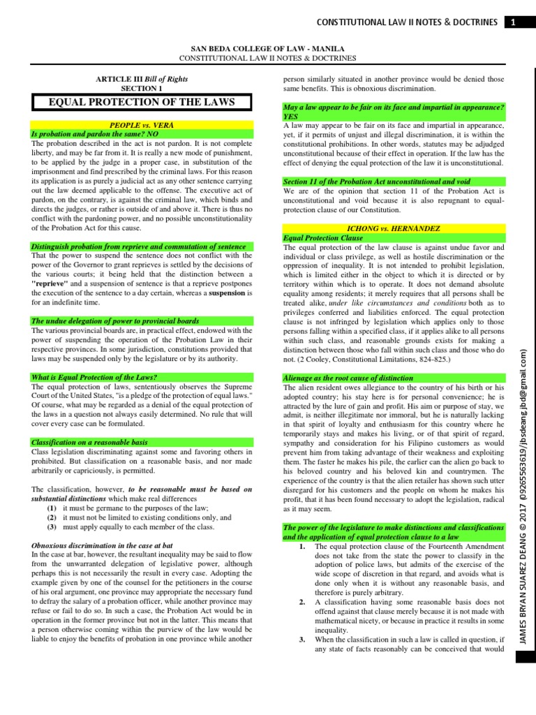 Notes & Doctrines - Article III Section 01 Equal Protection of The Laws ...