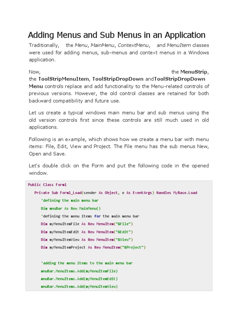 Adding Menus and Sub Menus in An Application: Menu Controls Replace and Add Functionality To The ...