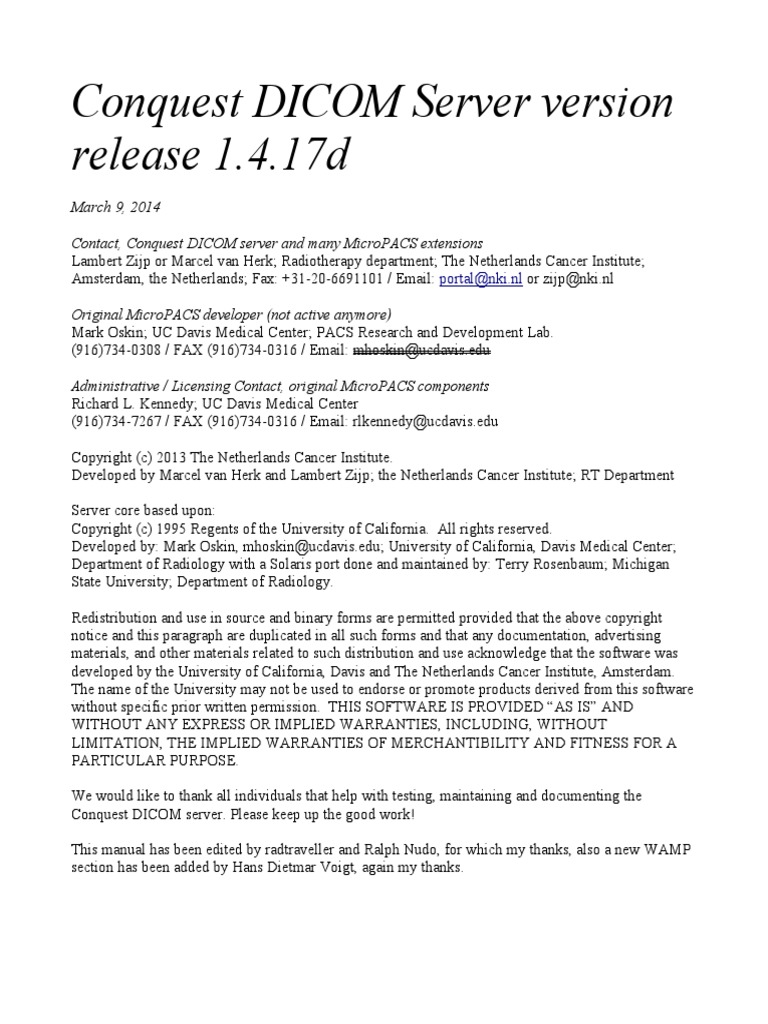 Conquest DICOM Server Version Release 1.4.17d | PDF | Microsoft Sql ...