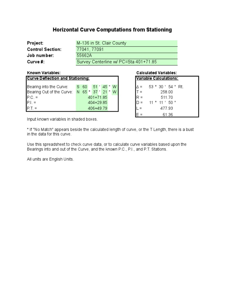 Horizontal Curve Computations From Stationing: Project: Control Section ...