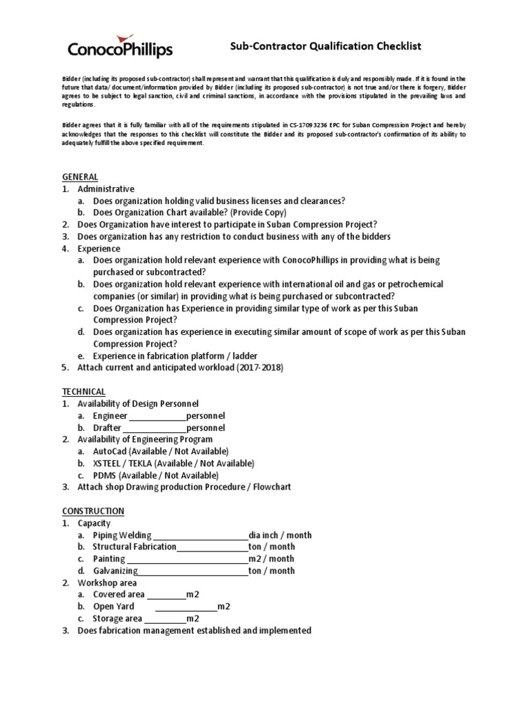 Attachment No.1 Subcontractor Evaluation Checklist To Be Filled | PDF ...