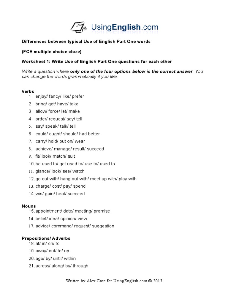 Fce First Certificate in English Use of English Part One Multiple ...