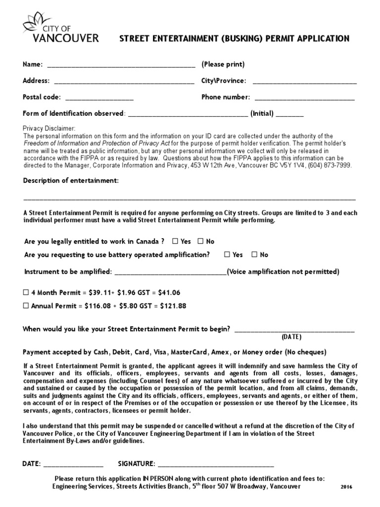Street Entertainment Busking Permit Application Form | Download Free ...