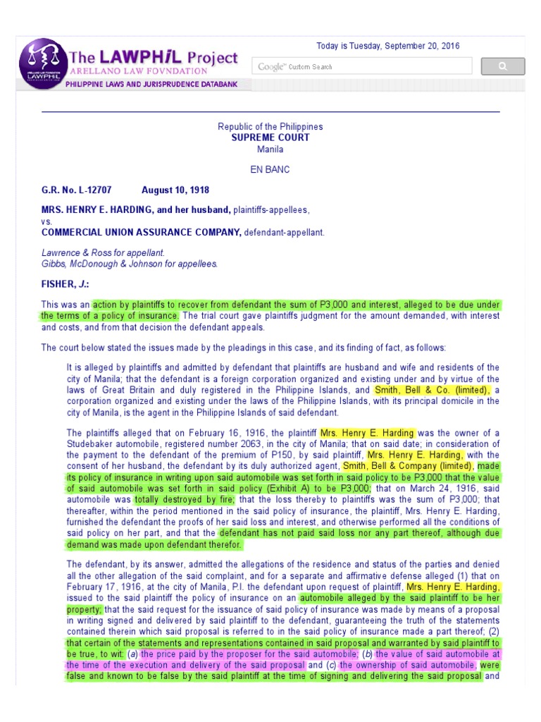 Harding v. Commercial Union Assurance Company G.R. No. L-12707 | PDF ...
