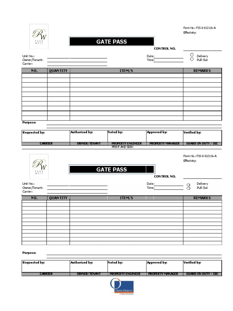 Gate Pass Official Form New | PDF