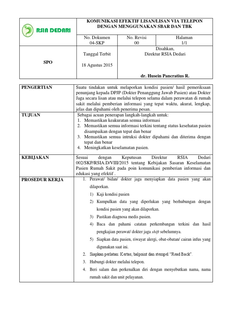 Spo Komunikasi Efektif Sbar Dan TBK | PDF