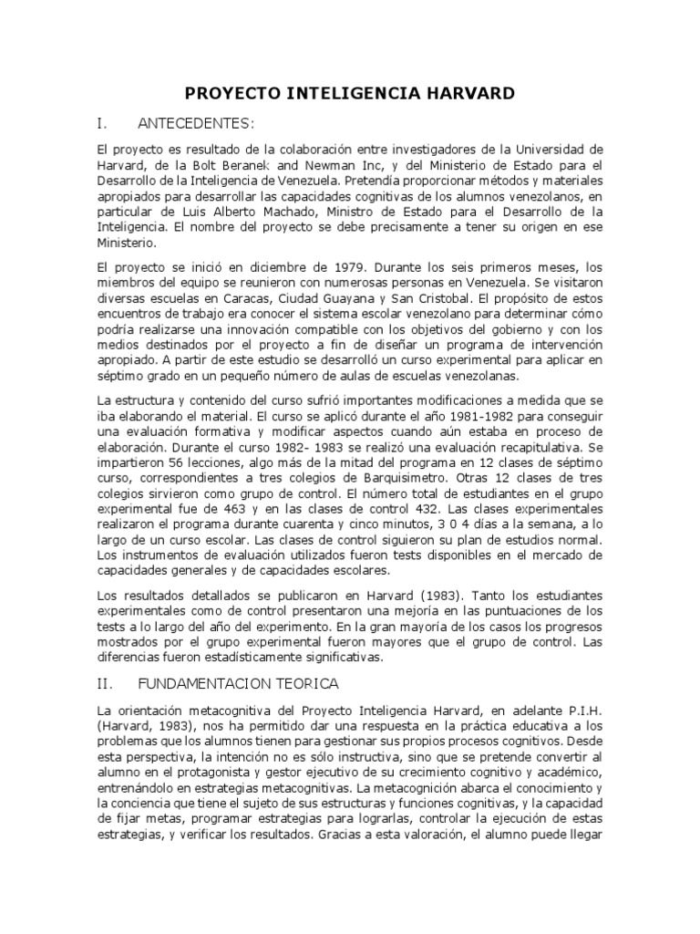 Proyecto Inteligencia Harvard | PDF | Comprensión lectora | Plan de ...