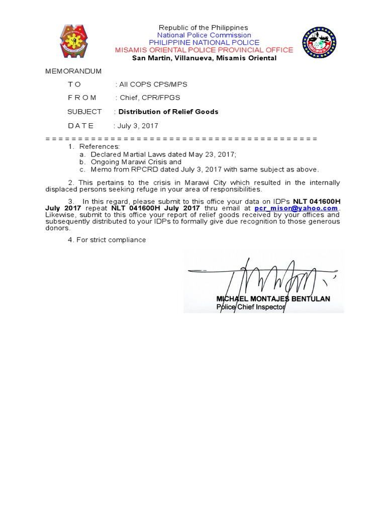Relief Goods Distribution Memo for IDPs | PDF