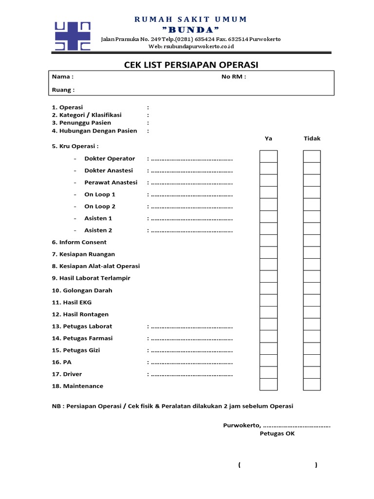 Cek List Persiapan Operasi | PDF