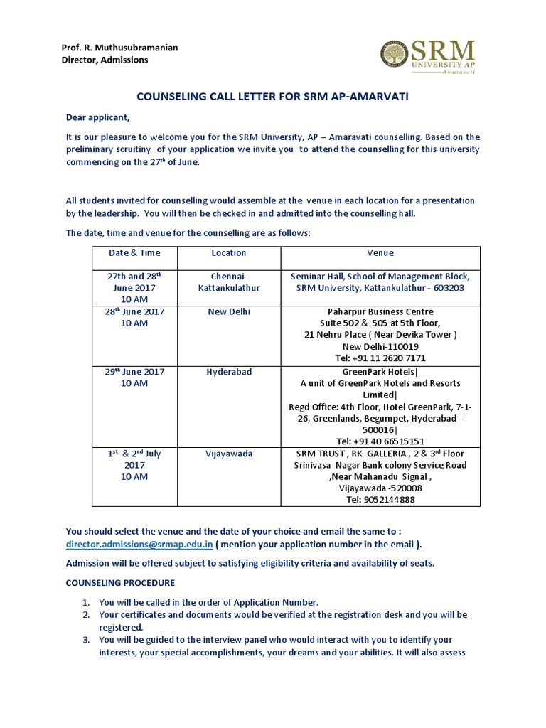 Counseling Call Letter SRM AP | PDF | Government | Business