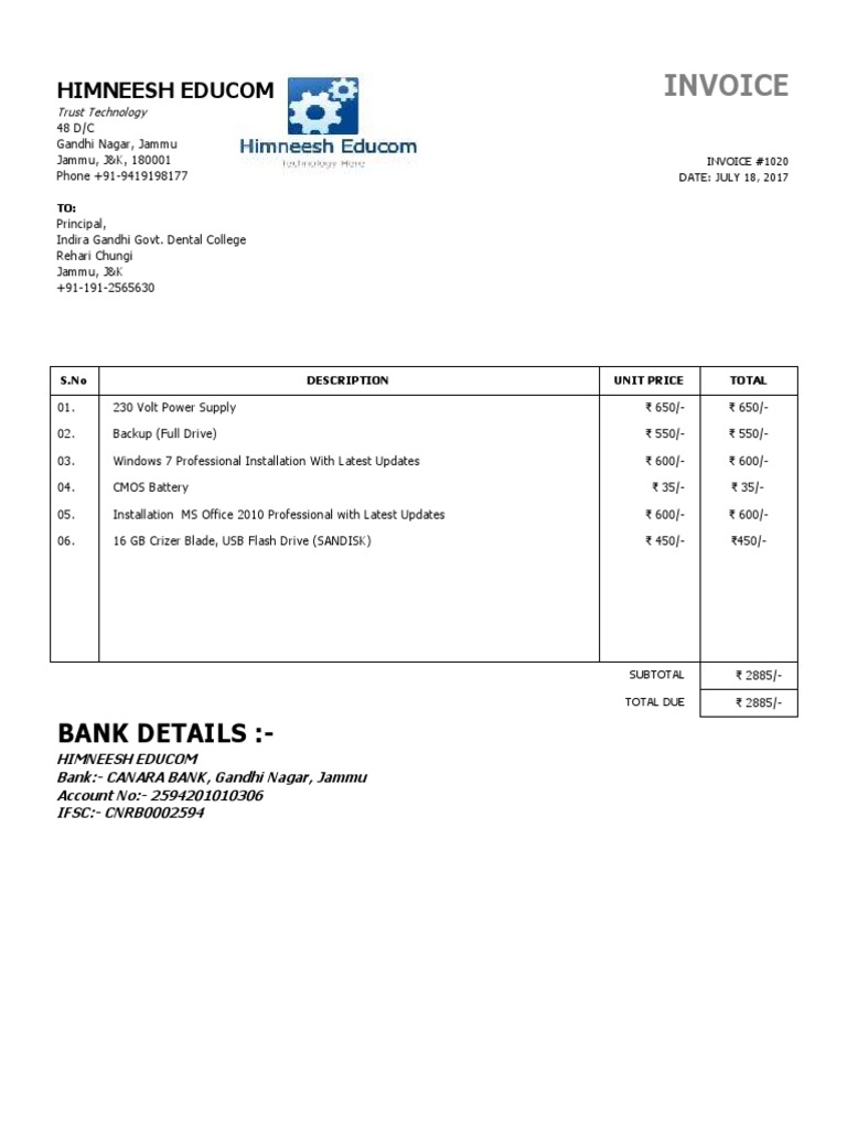 Computer Hardware and Software Installation and Supply Invoice for ...