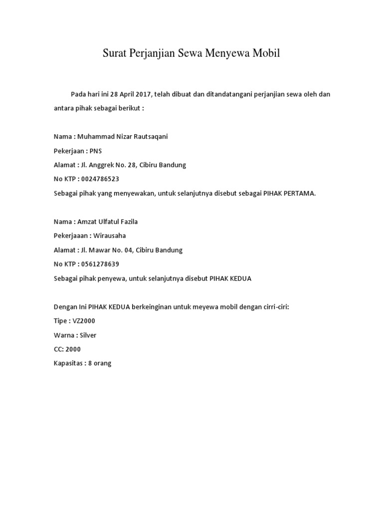 Surat Perjanjian Sewa Menyewa Mobil | PDF