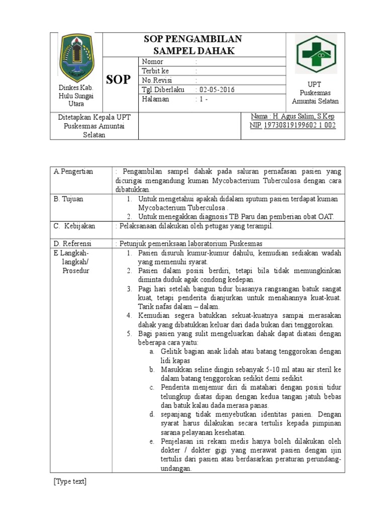 SOP Pengambilan Sampel Dahak | PDF