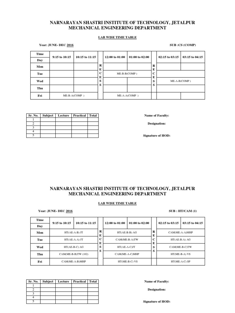 Mechanical Engineering Department Laboratory Timetable for Semester 2 ...
