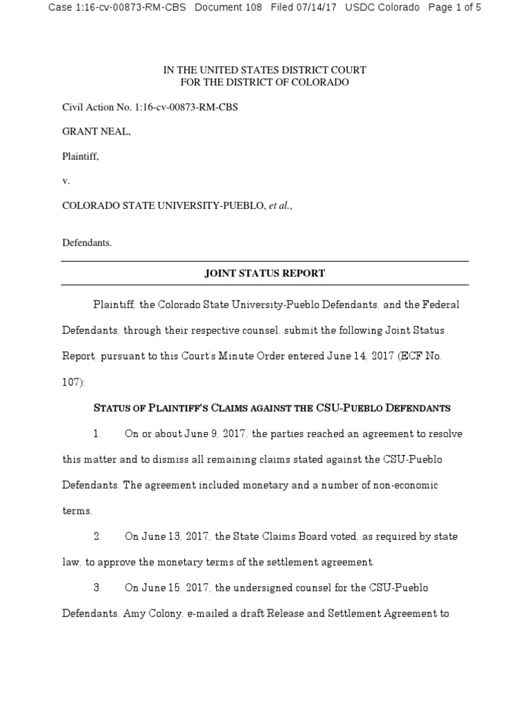 "Joint Status Report" Filed by CSU-Pueblo and Accused Student Grant ...