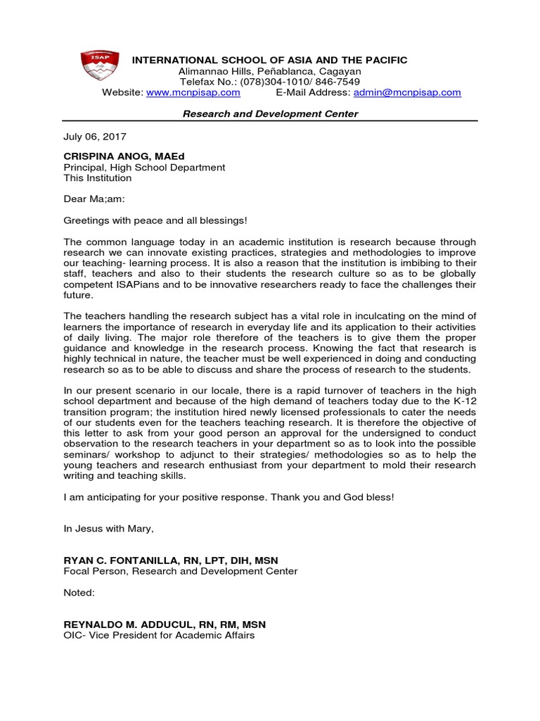Research Letter To The High School Principal | PDF | Teachers | Teaching