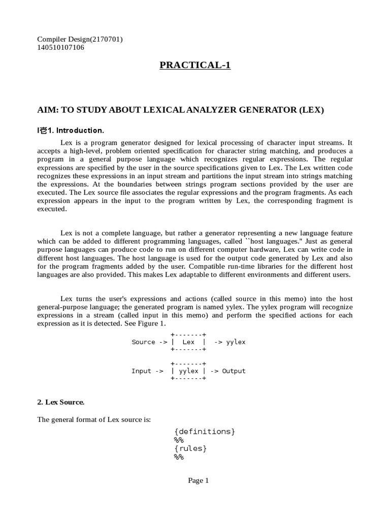 Practical-1: Aim: To Study About Lexical Analyzer Generator (Lex) | PDF | Source Code | Computer ...