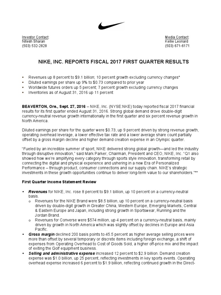 NIKE Inc Q117 Press Release PDF | PDF | Revenue | Futures Contract