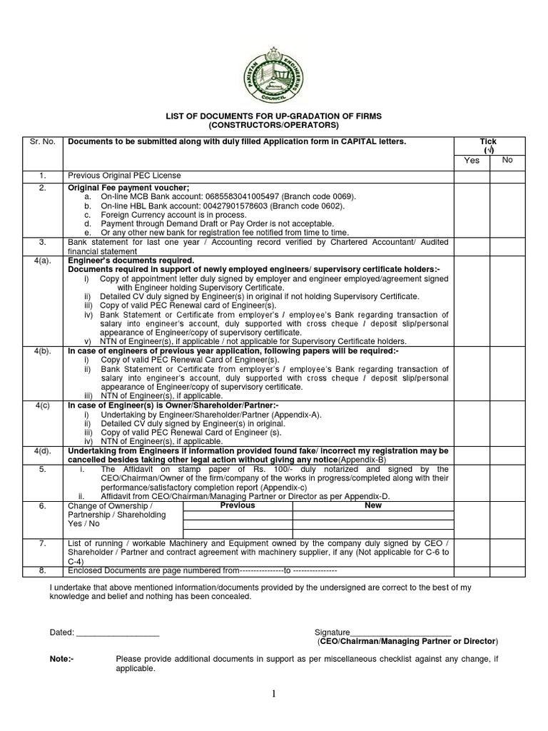 Up-gradation Pec Form | Notary Public | Banks
