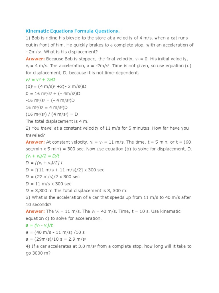 Kinematic Equations Formula Questions | PDF | Teaching Methods & Materials