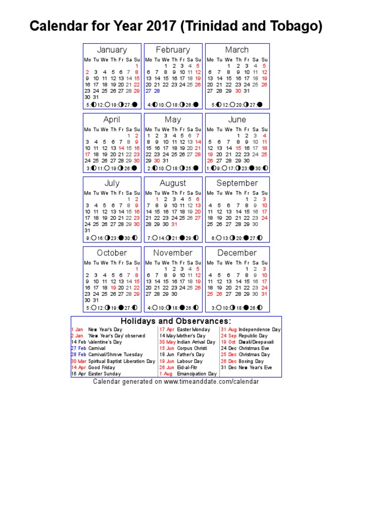 Year 2017 Calendar - Trinidad and Tobago | PDF | Holidays | Observances