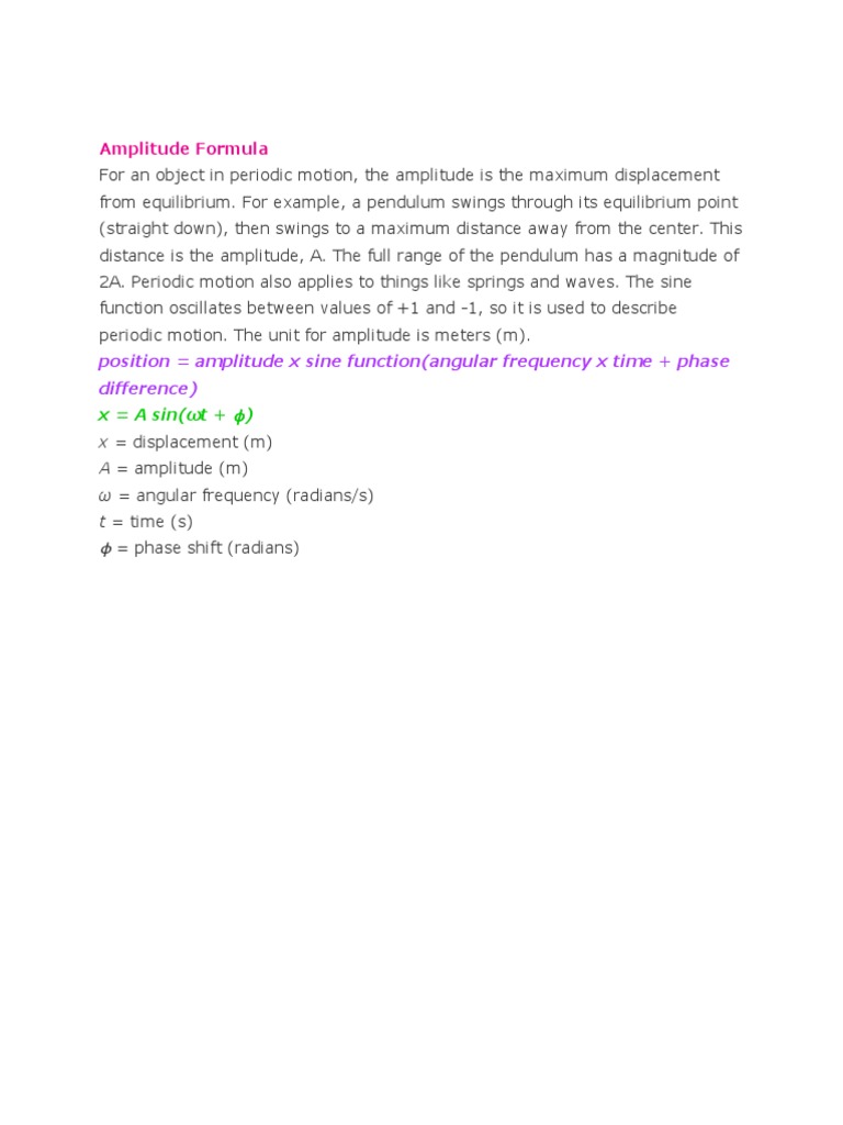 Amplitude Formula: Position Amplitude X Sine Function (Angular ...