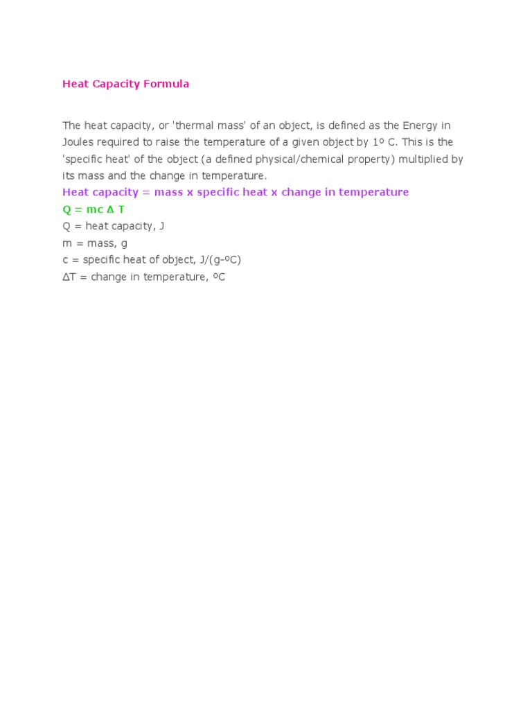 Heat Capacity Formula: Heat Capacity Mass X Specific Heat X Change in ...