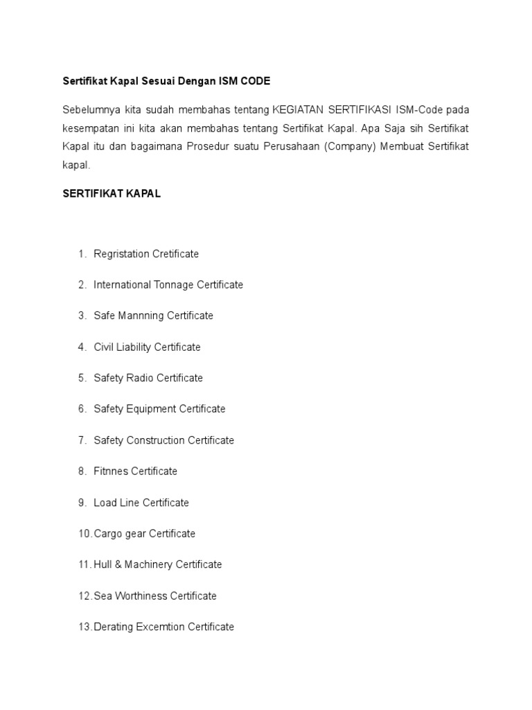 Sertifikat Kapal Sesuai Dengan ISM CODE | PDF | Bisnis | Teknologi & Rekayasa