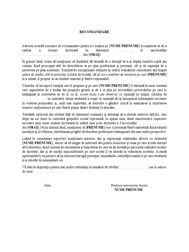 Scrisoare de Recomandare - Studii de Doctorat | PDF