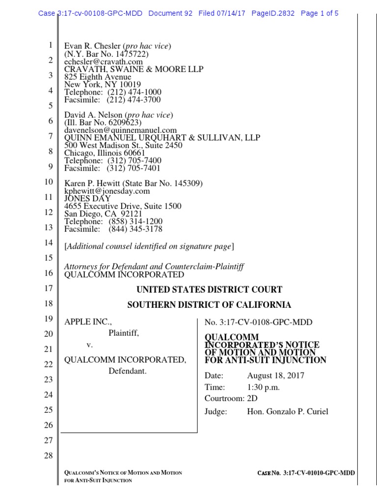 17-07-14 Qualcomm Motion For Anti-Suit Injunction Against Apple | PDF ... 17-07-14 Qualcomm Motion For Anti-Suit Injunction Against Apple | PDF ...