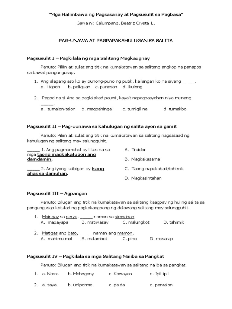 Mga Halimbawa Ng Pagsasanay at Pagsusulit Sa Pagbasa