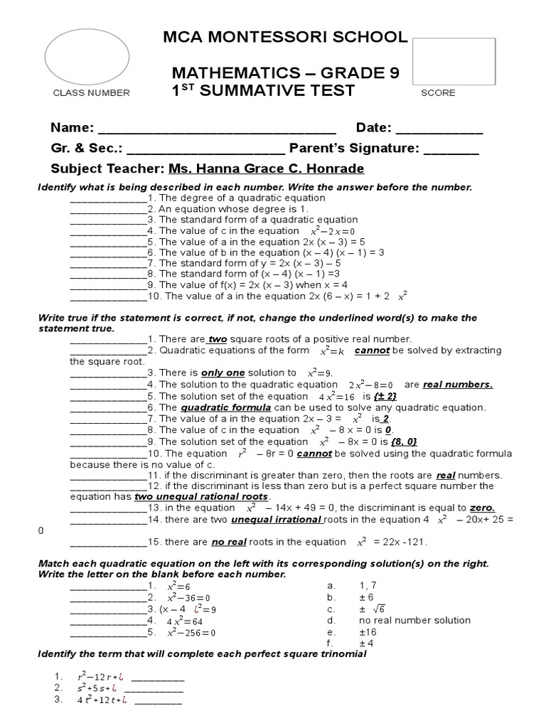 1st Summative Test Grade 9 | PDF | Quadratic Equation | Equations