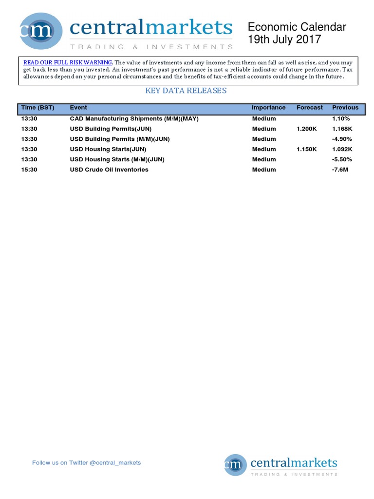 July 19, 2017 Economic Calendar | PDF | Finance & Money Management