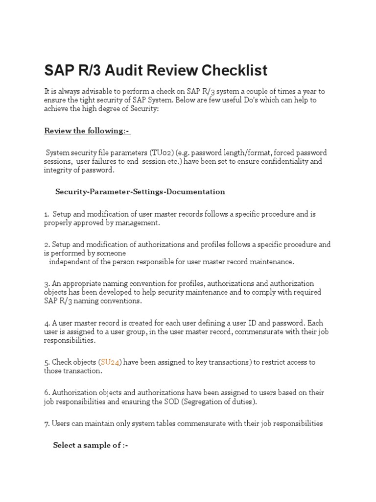 SAP R/3 Audit Review Checklist | PDF | Password | Computer Architecture