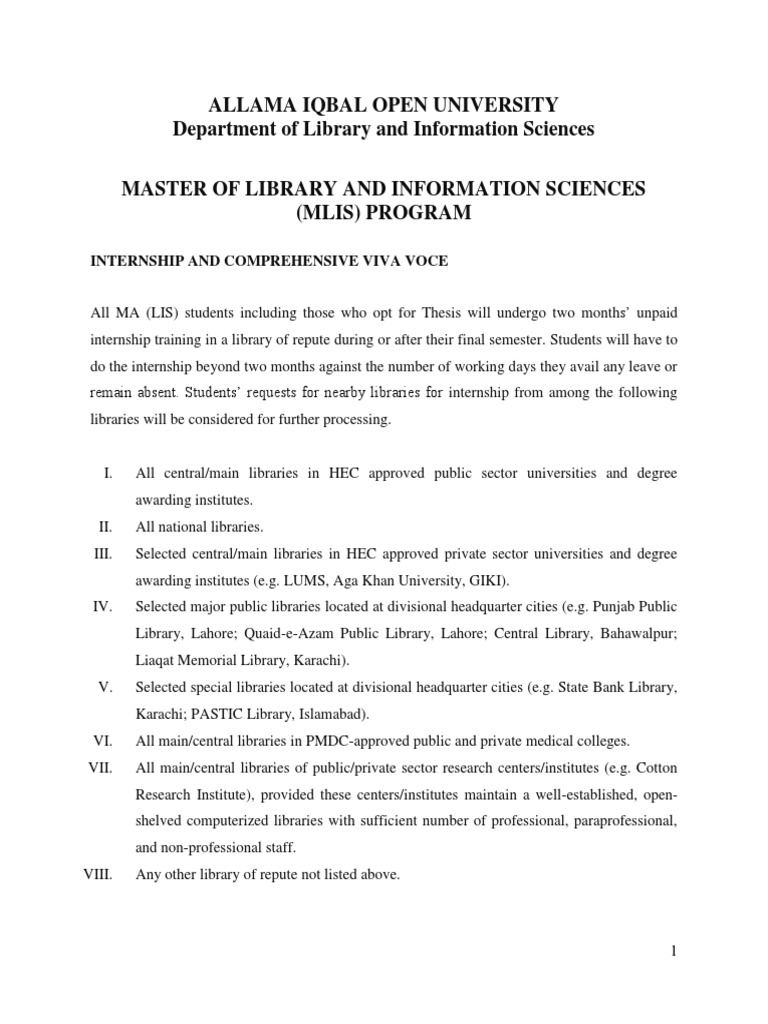 MLIS Internship and Comprehensive Viva Voce Guidelines | PDF | Thesis | Libraries