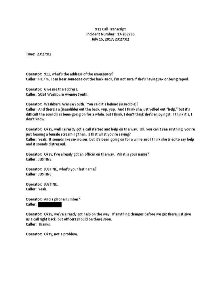 Transcript of The 911 Call by Justine Ruszczyk | PDF | Mystery ...