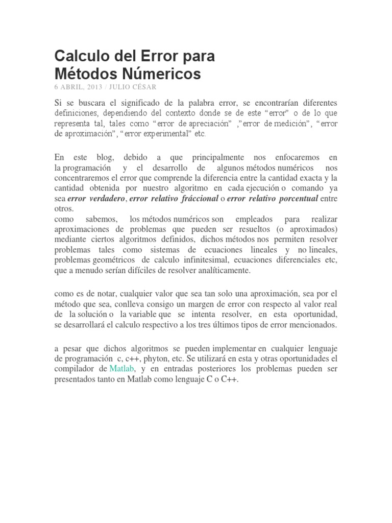 Calculo Del Error para Métodos | PDF | Medición | Análisis numérico