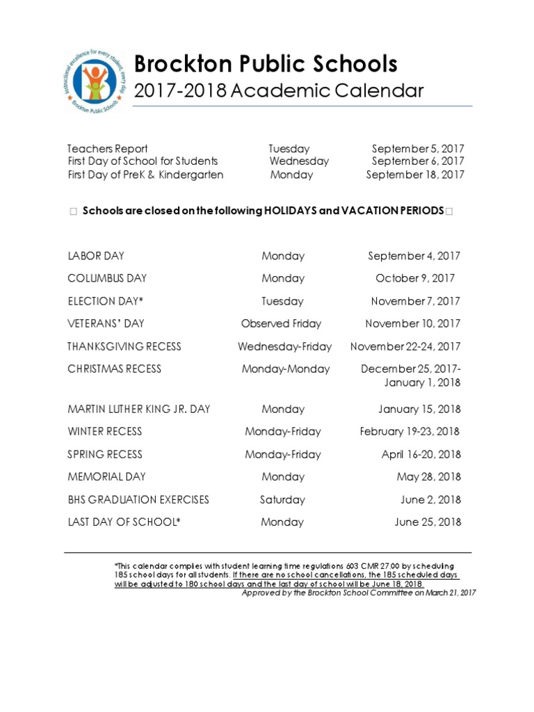 Brockton 2017-18 School Calendar | PDF | Academic Term | Observances