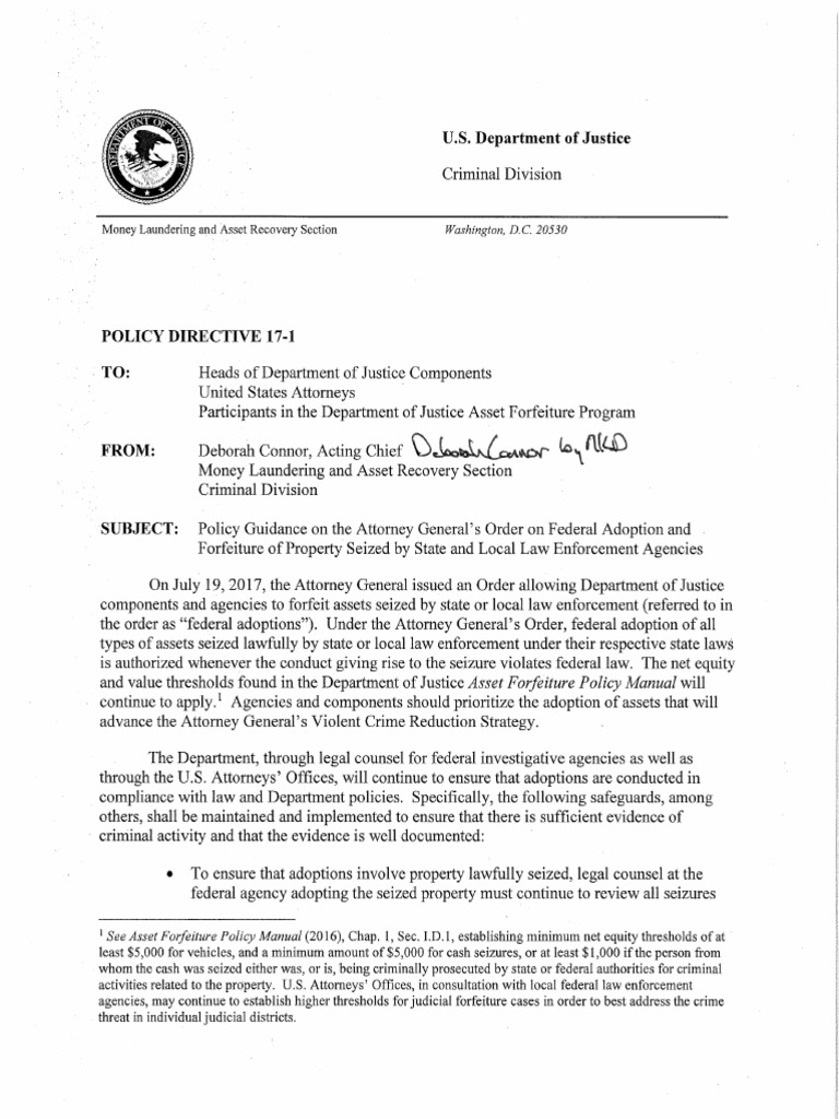 Dept of Justice Issues New Civil Asset Forfeitures Policy | PDF | Asset ...