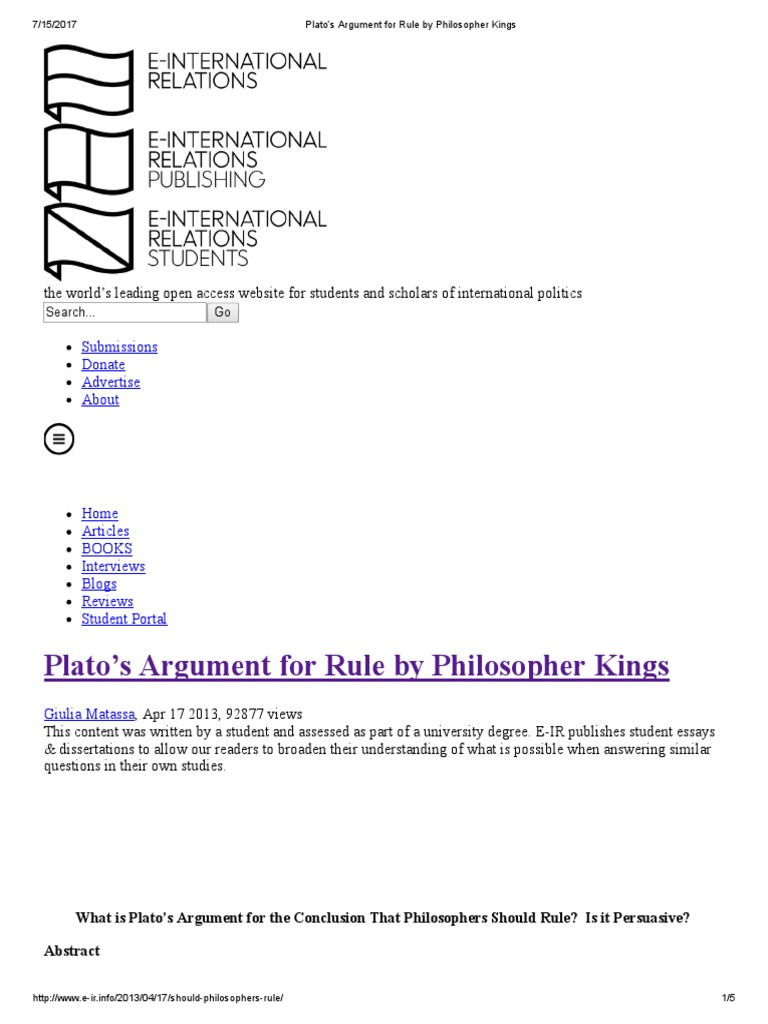 Plato's Argument For Rule by Philosopher Kings | PDF | Plato | Argument