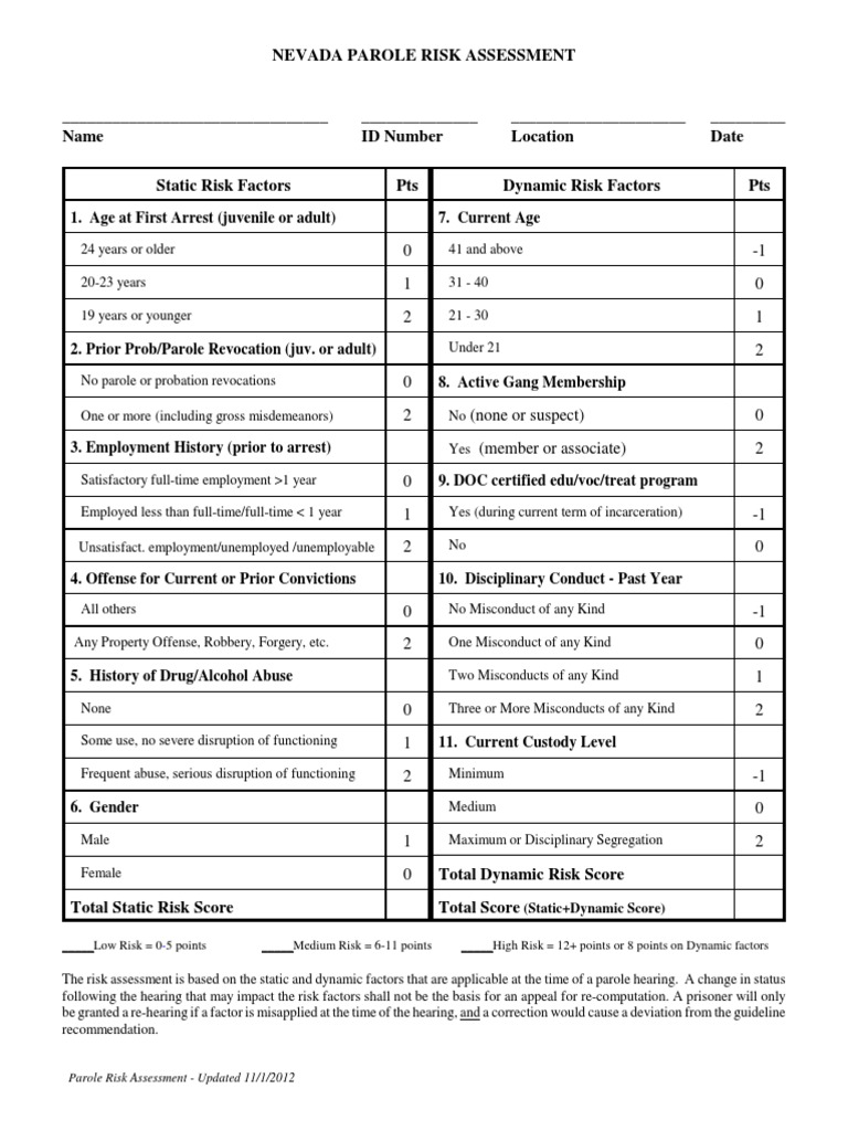 Nevada Parole Risk Assessment Form | PDF | Parole | Probation