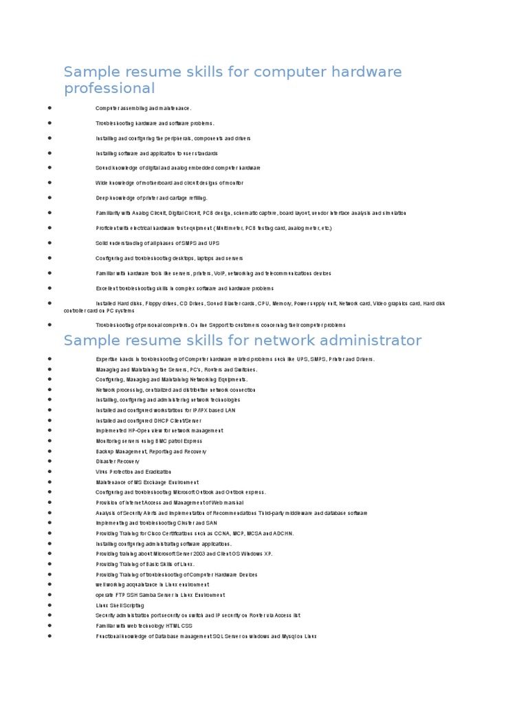 Sample Resume Skills For Computer Hardware Professional | PDF | Personal Computers | Computer ...