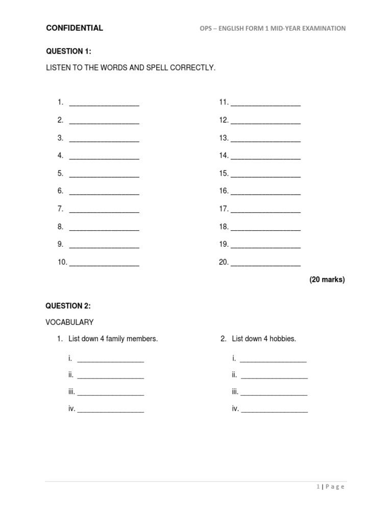 Confidential: Ops - English Form 1 Mid-Year Examination | PDF | Leisure