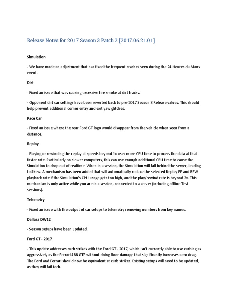 Release Notes Highlight Major Updates Across Simulation, Cars, Tracks ...