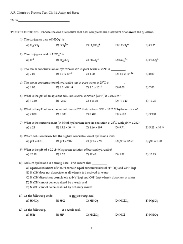 APCHEM Review Practice Test 1 | PDF | Ph | Acid