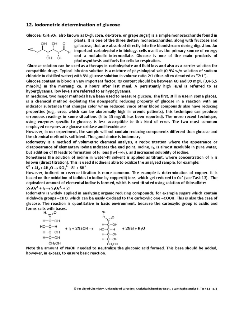 Iodometric Determination of Glucose | PDF | Titration | Chemistry