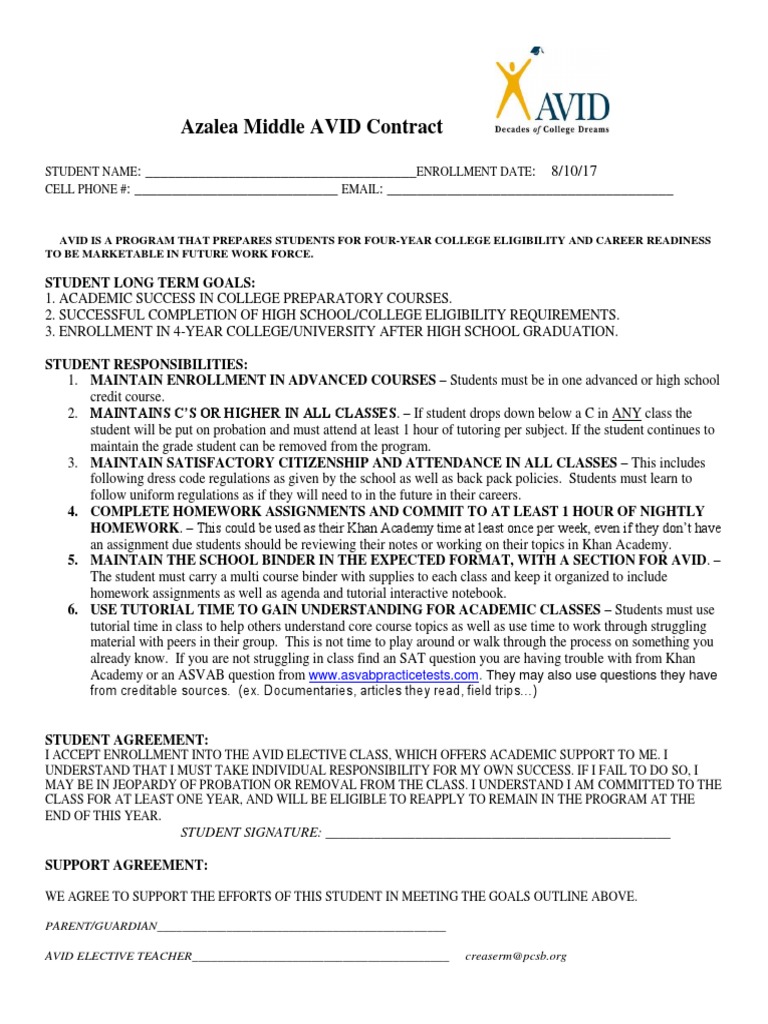 Azalea Middle AVID Student Contract | PDF | Homework | Sharing