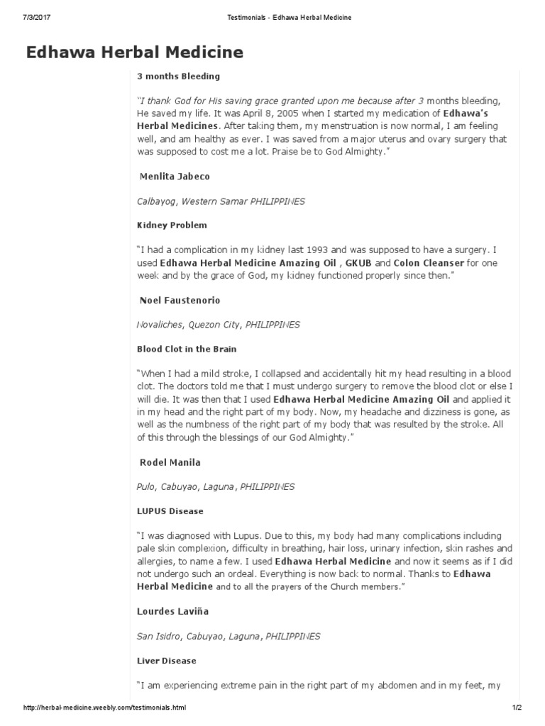 Testimonials - Edhawa Herbal Medicine | PDF | Arthritis | Bleeding