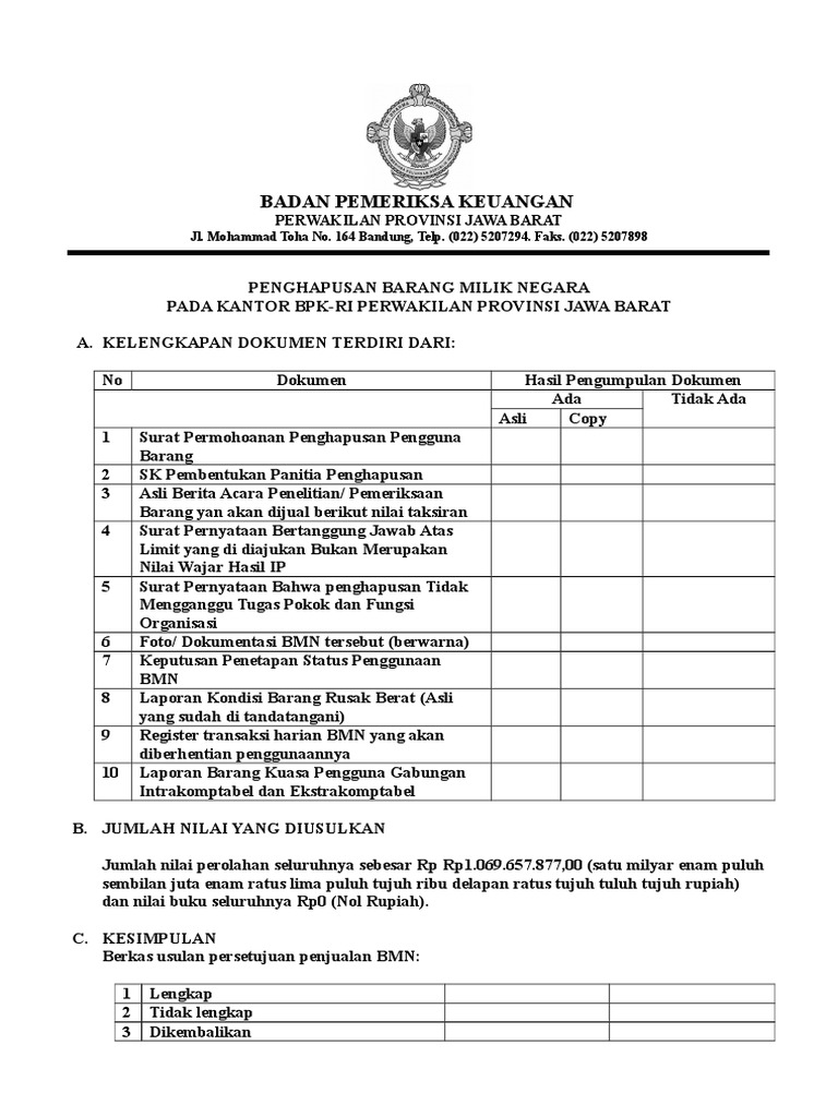 Cover List Dokumen Penghapusan BMN | PDF