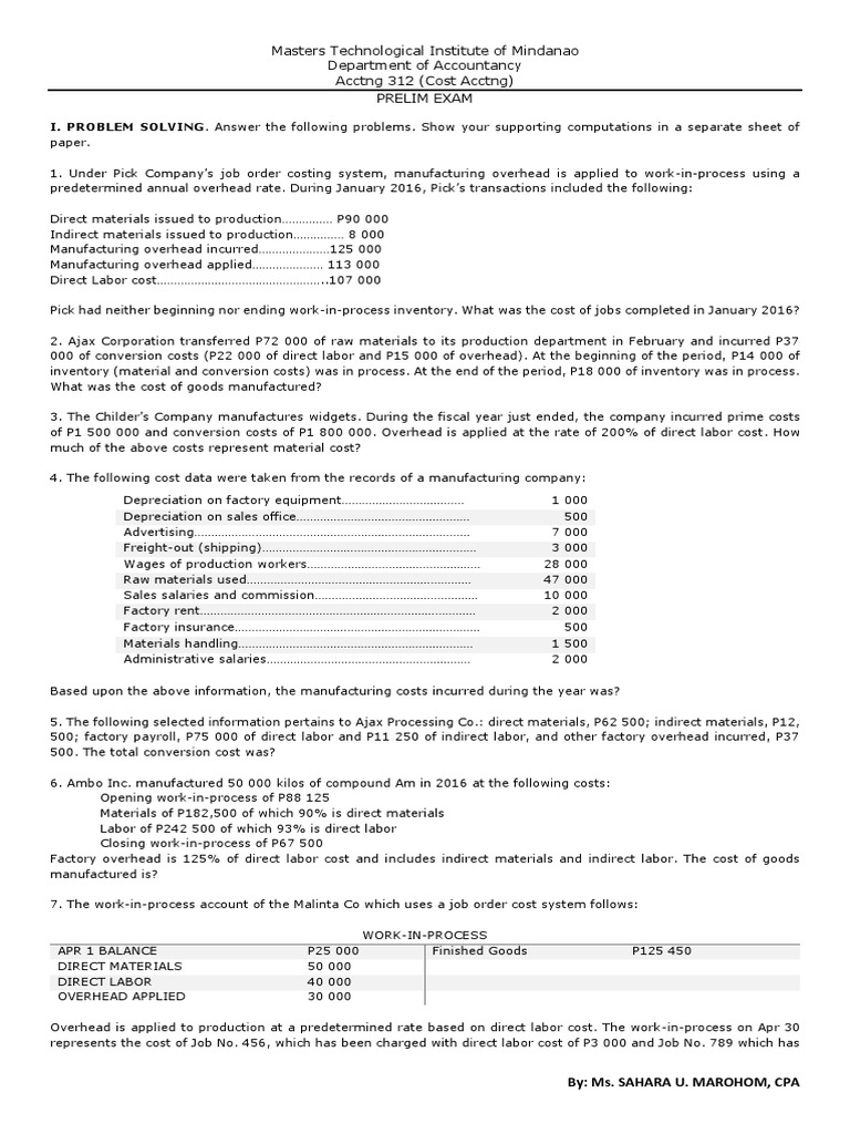 Prelim Cost Acctng | PDF | Cost Of Goods Sold | Inventory